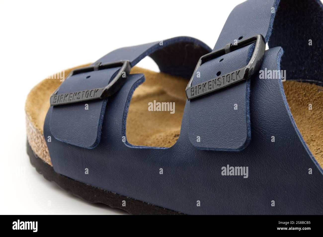 Pair of navy blue Birkenstock Arizona sandals with cork soles isolated ...