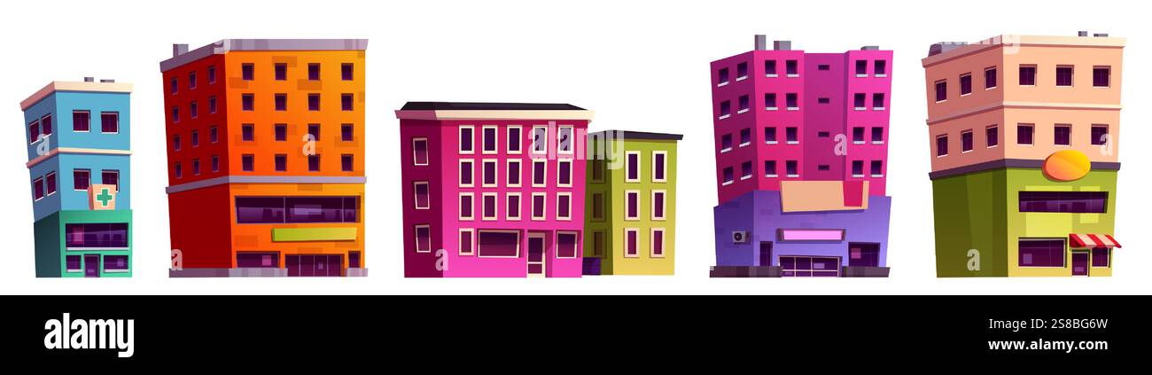 Shopping street buildings set - colorful urban architecture elements ...