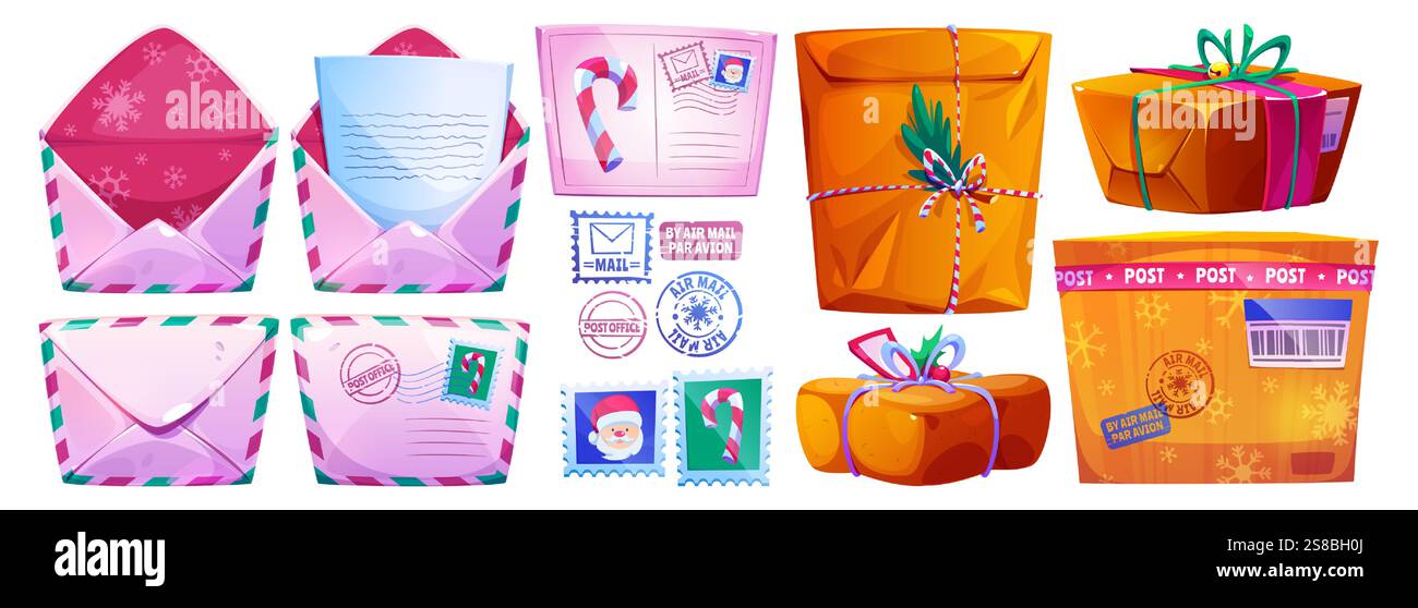 Cartoon Christmas post mail collection - pink envelopes with snowflake ...