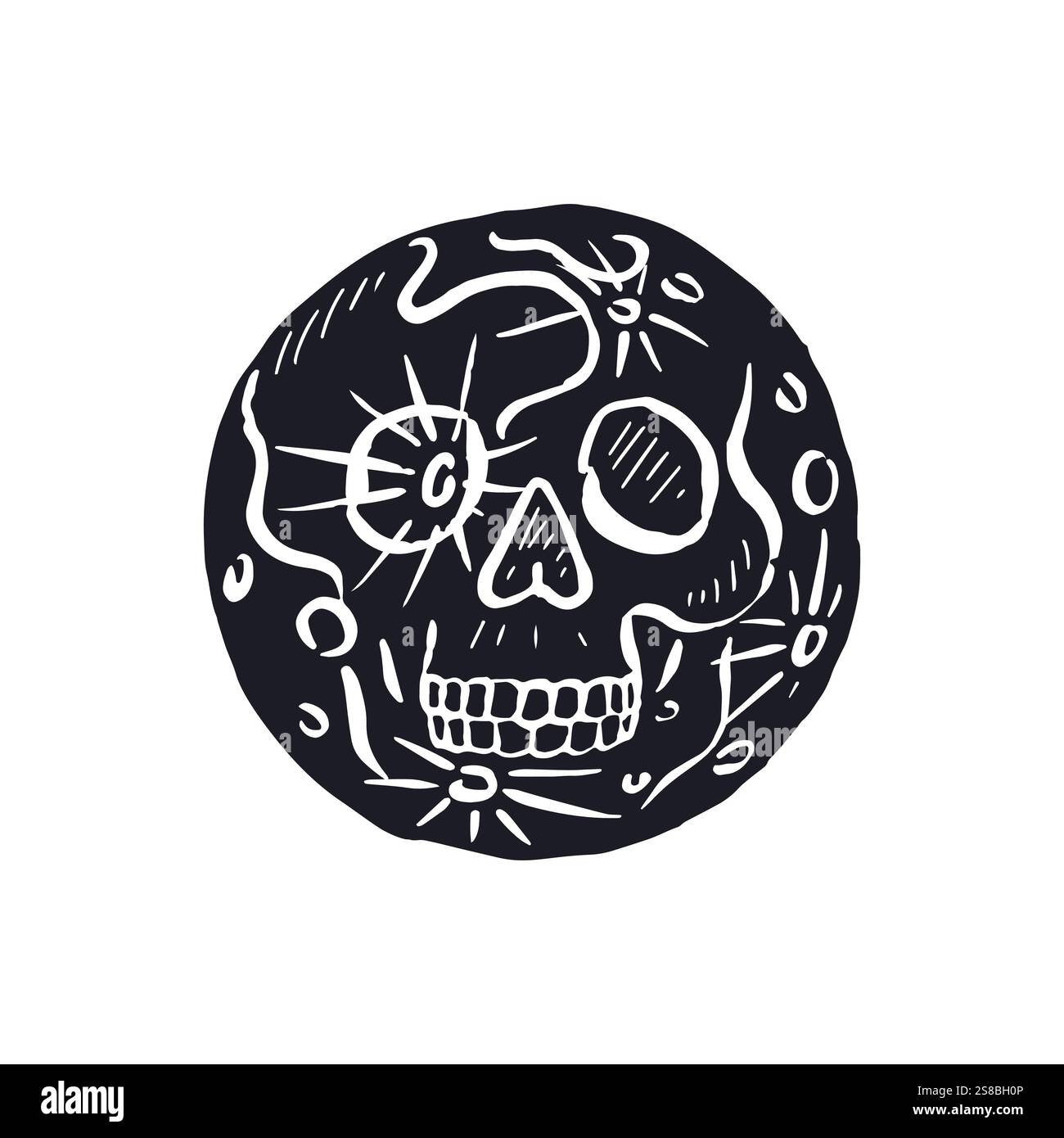 Hand drawn black and white sketchy full moon with skull face isolated ...