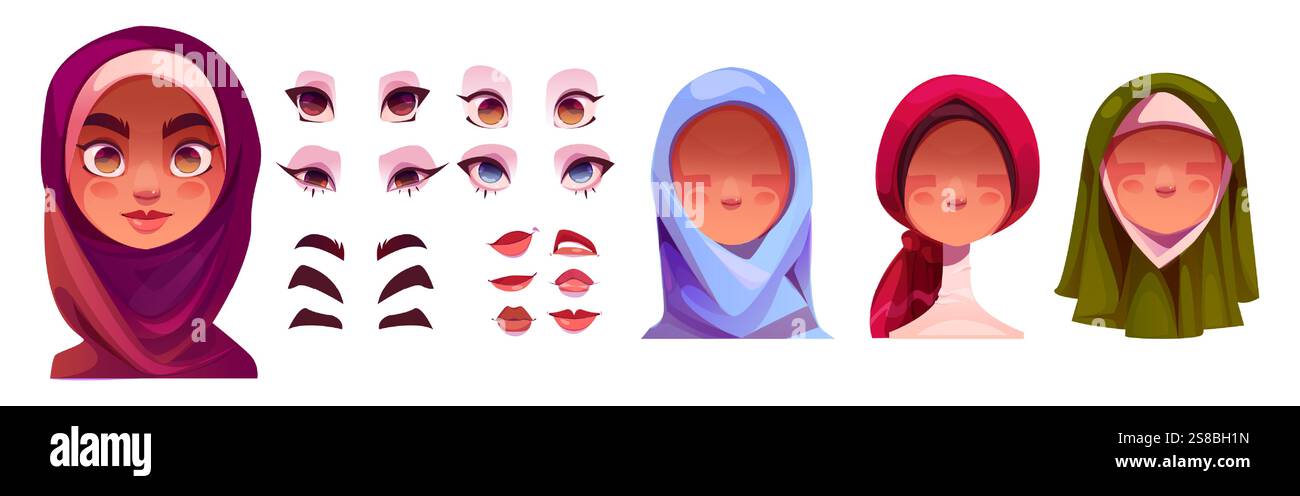 Arabian woman face constructor with colorful hijab variations. Set of ...