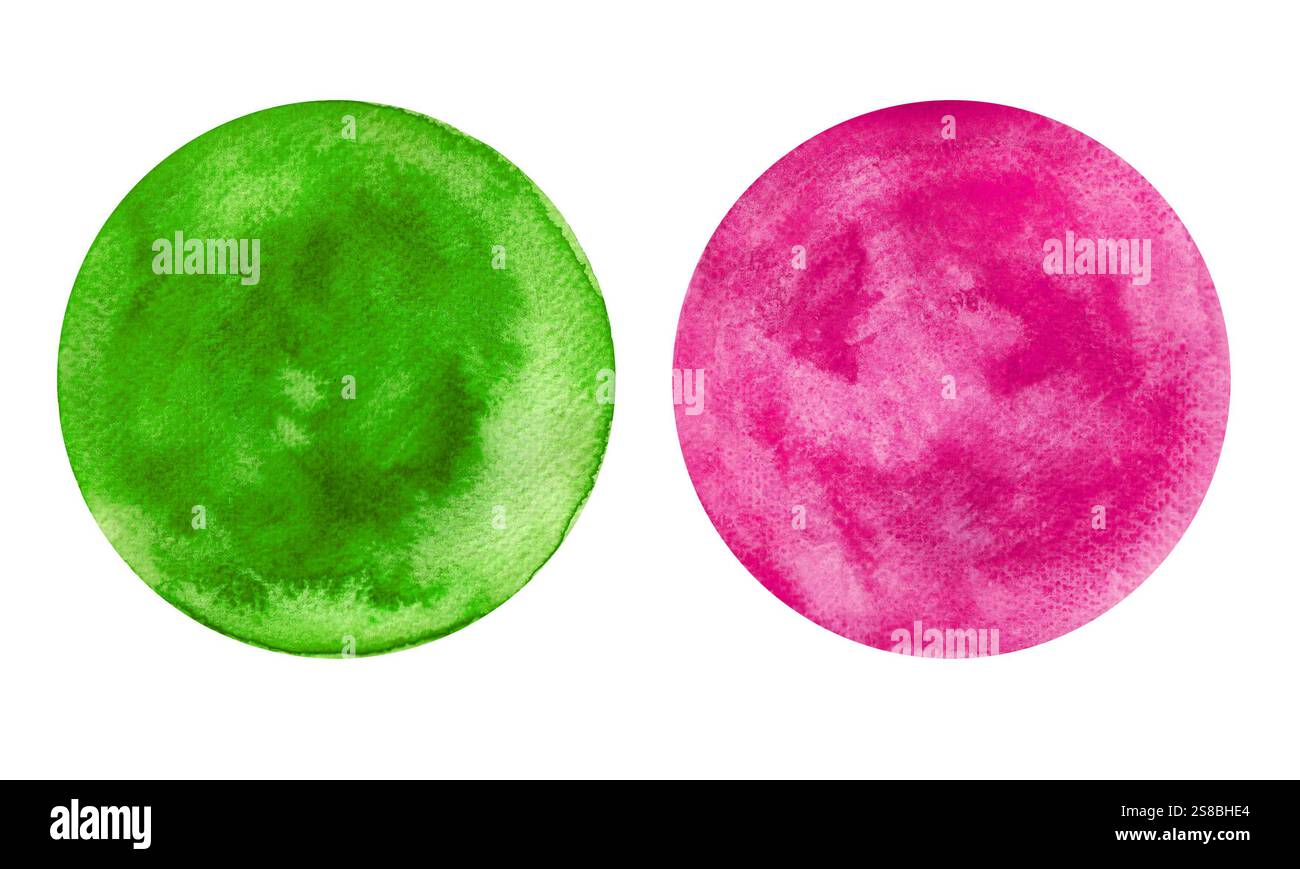 Set of two circles with watercolor fill. Green, pink color, different ...