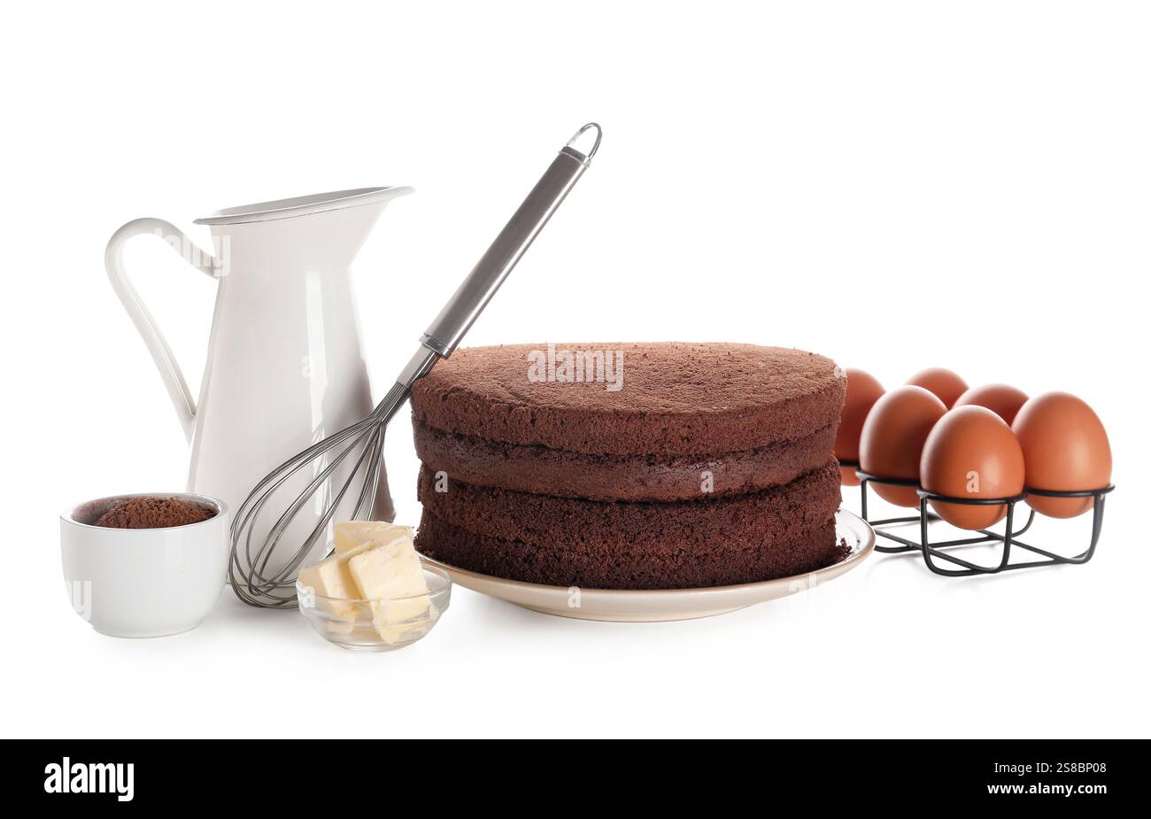 Delicious chocolate sponge cake cut into layers with ingredients and ...