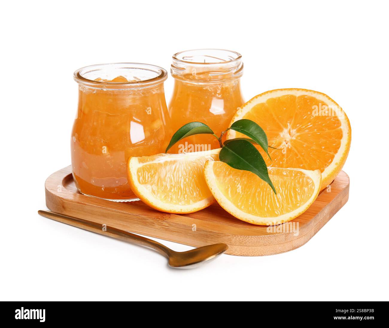 Jars of sweet orange jam and fruit on white background Stock Photo - Alamy