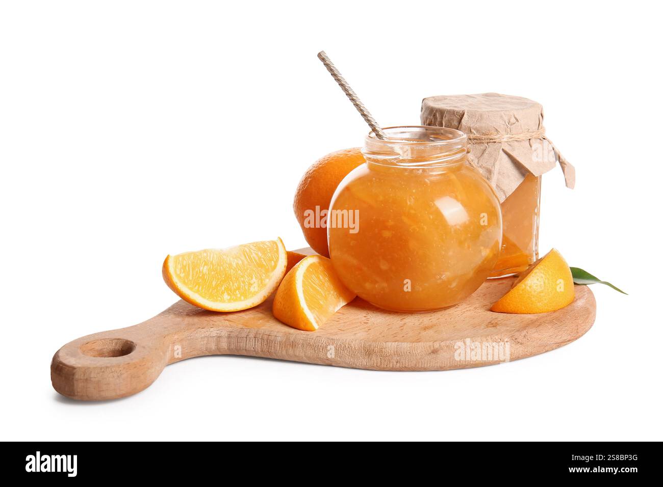 Jars of sweet orange jam and fruits on white background Stock Photo - Alamy