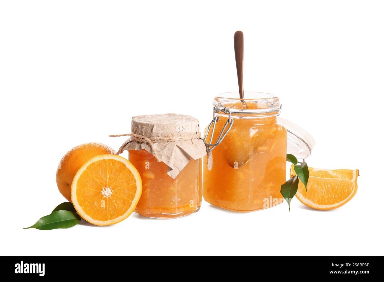 Jars of sweet orange jam and fruits on white background Stock Photo - Alamy