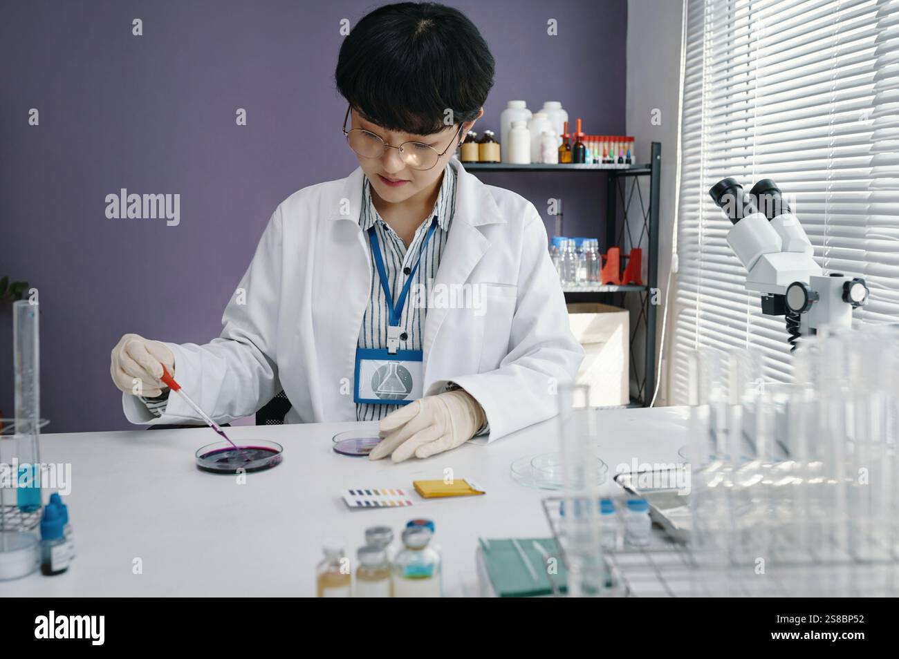 Conducting Scientific Research in Laboratory with Microscope Stock ...