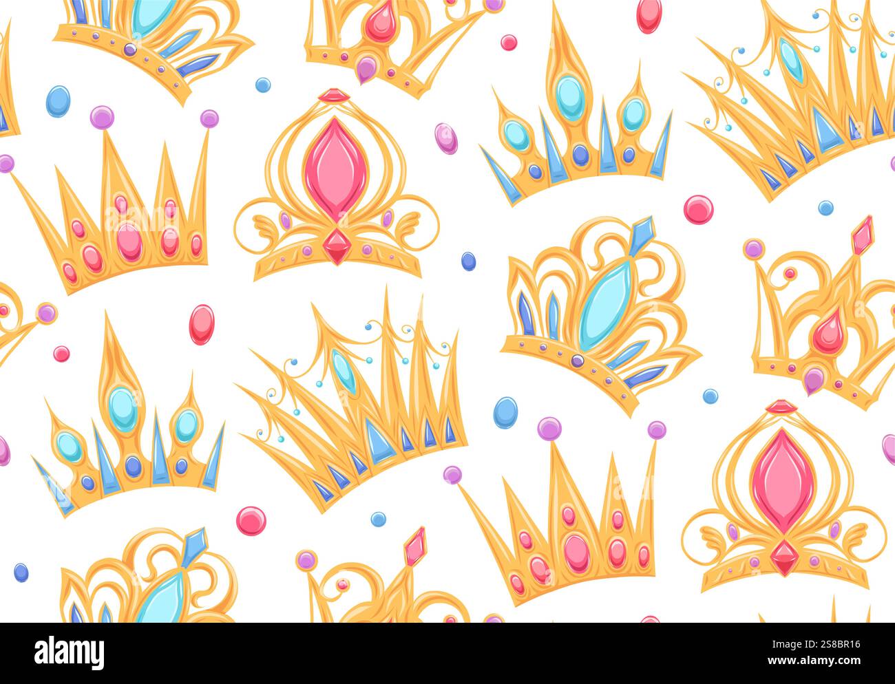 Vector seamless pattern with golden crowns and precious stones on white ...