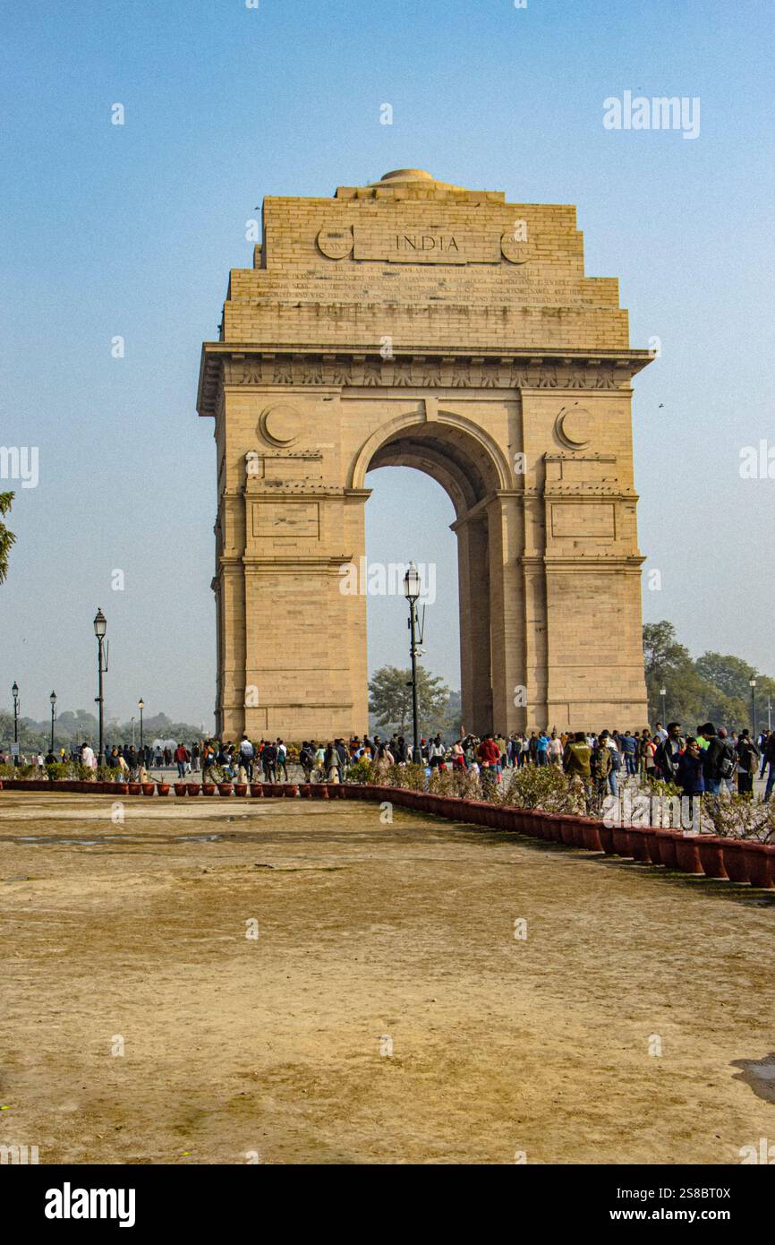 A 42-meter-tall India Gate, a monumental sandstone arch in New Delhi is ...