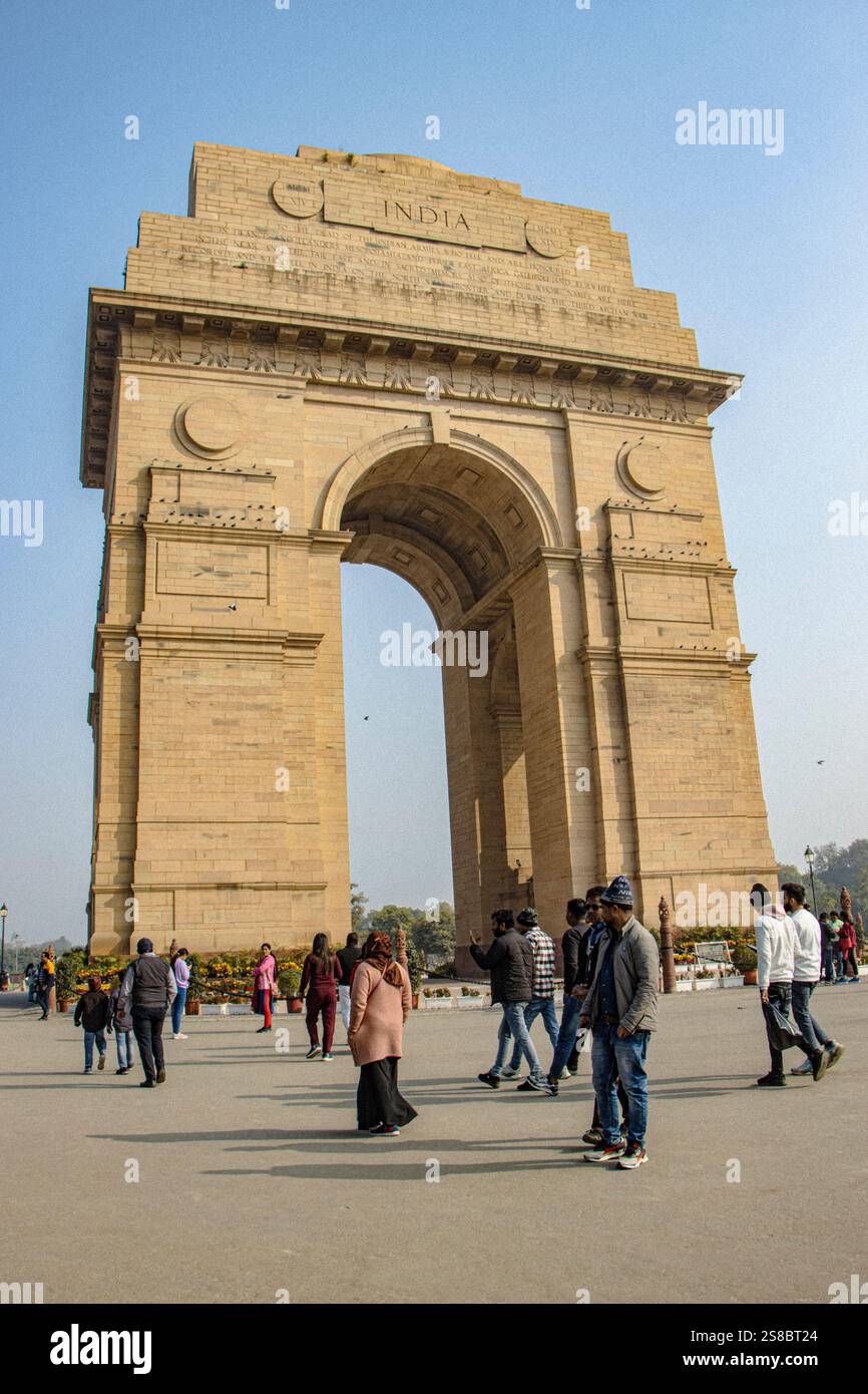 A 42-meter-tall India Gate, a monumental sandstone arch in New Delhi is ...