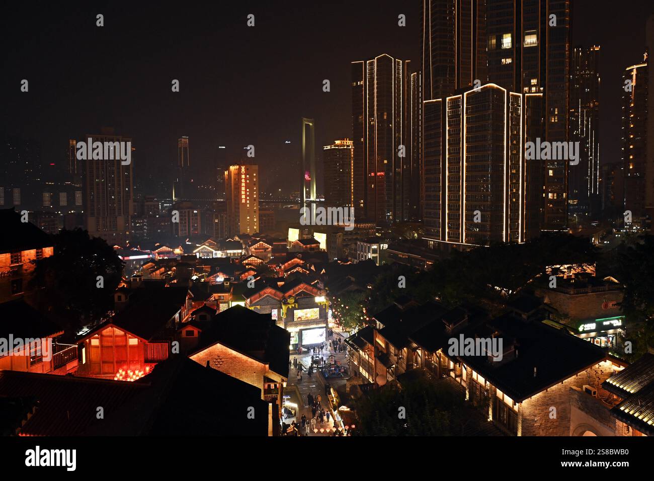 Tourists enjoy night view of Shibati scenic area in Chongqing, China ...