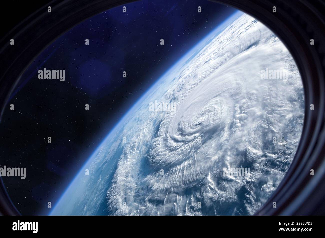 Earth in spaceship porthole. Hurricane seen from the space over planet ...