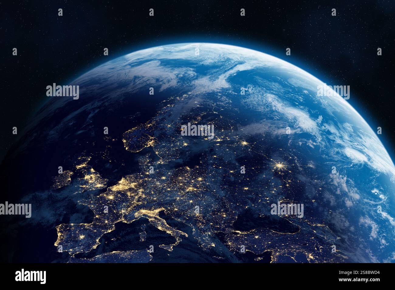 Europe at night viewed from space with city lights. View of Earth from ...