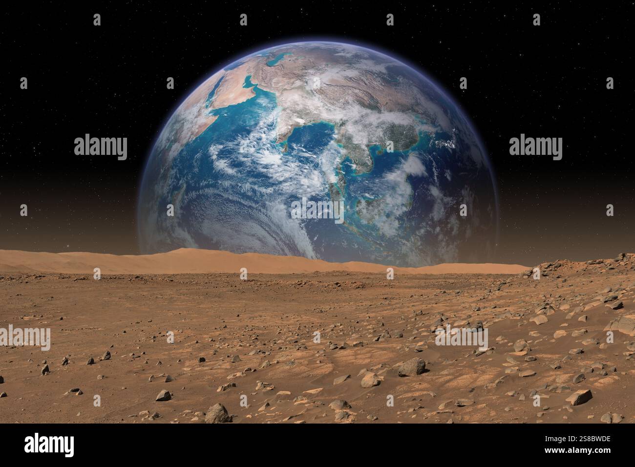 View On The Planet Earth From The Mars Surface Mars Surface With Craters Blue Planet Earth And