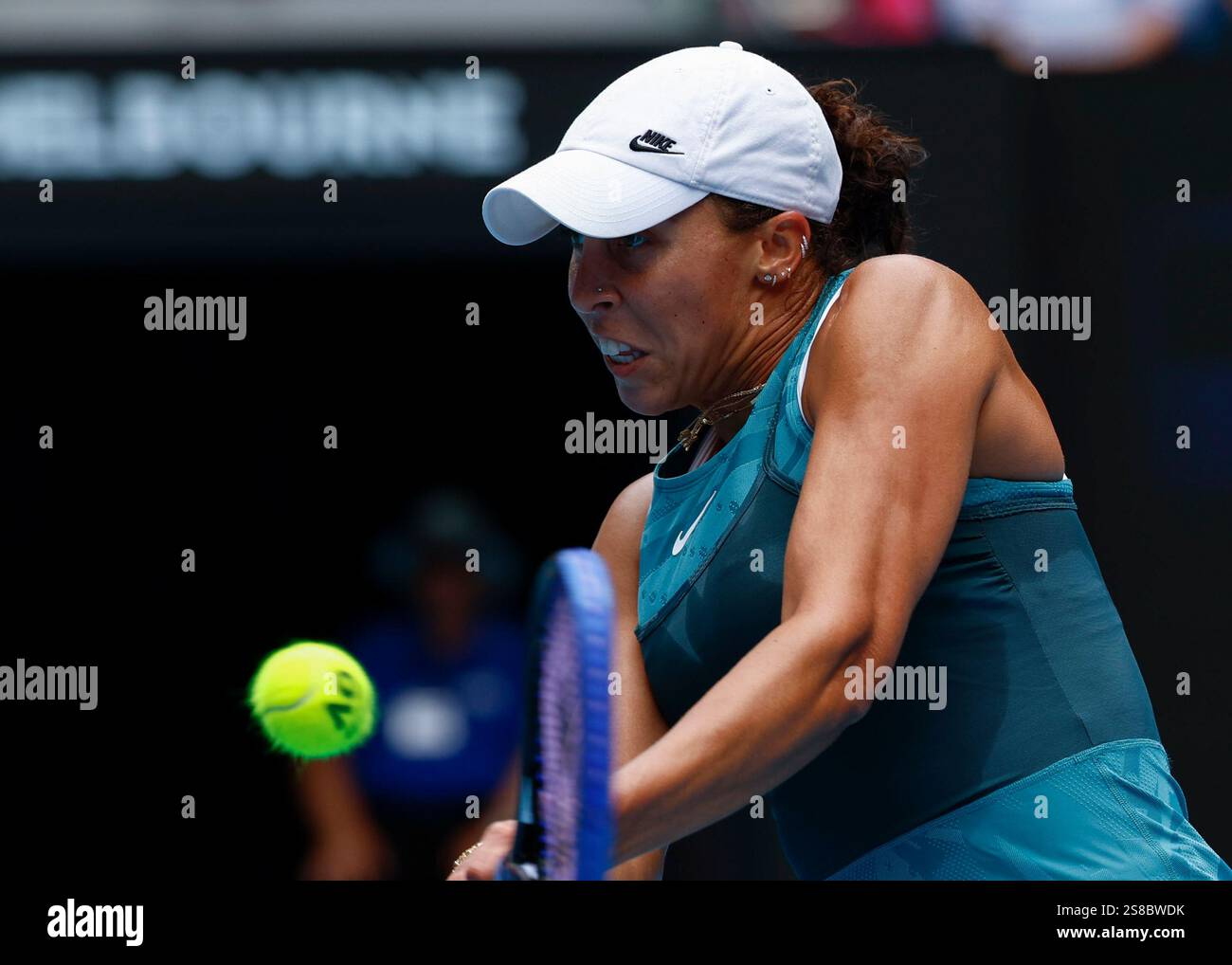 Melbourne, Australia. 22nd Jan, 2025. Madison Keys hits a return during ...