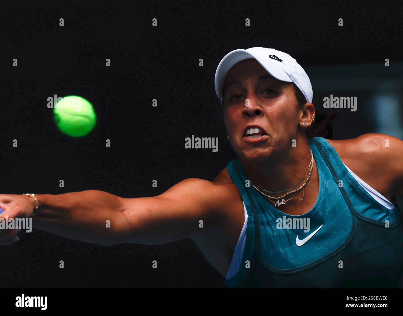 Melbourne, Australia. 22nd Jan, 2025. Madison Keys hits a return during ...