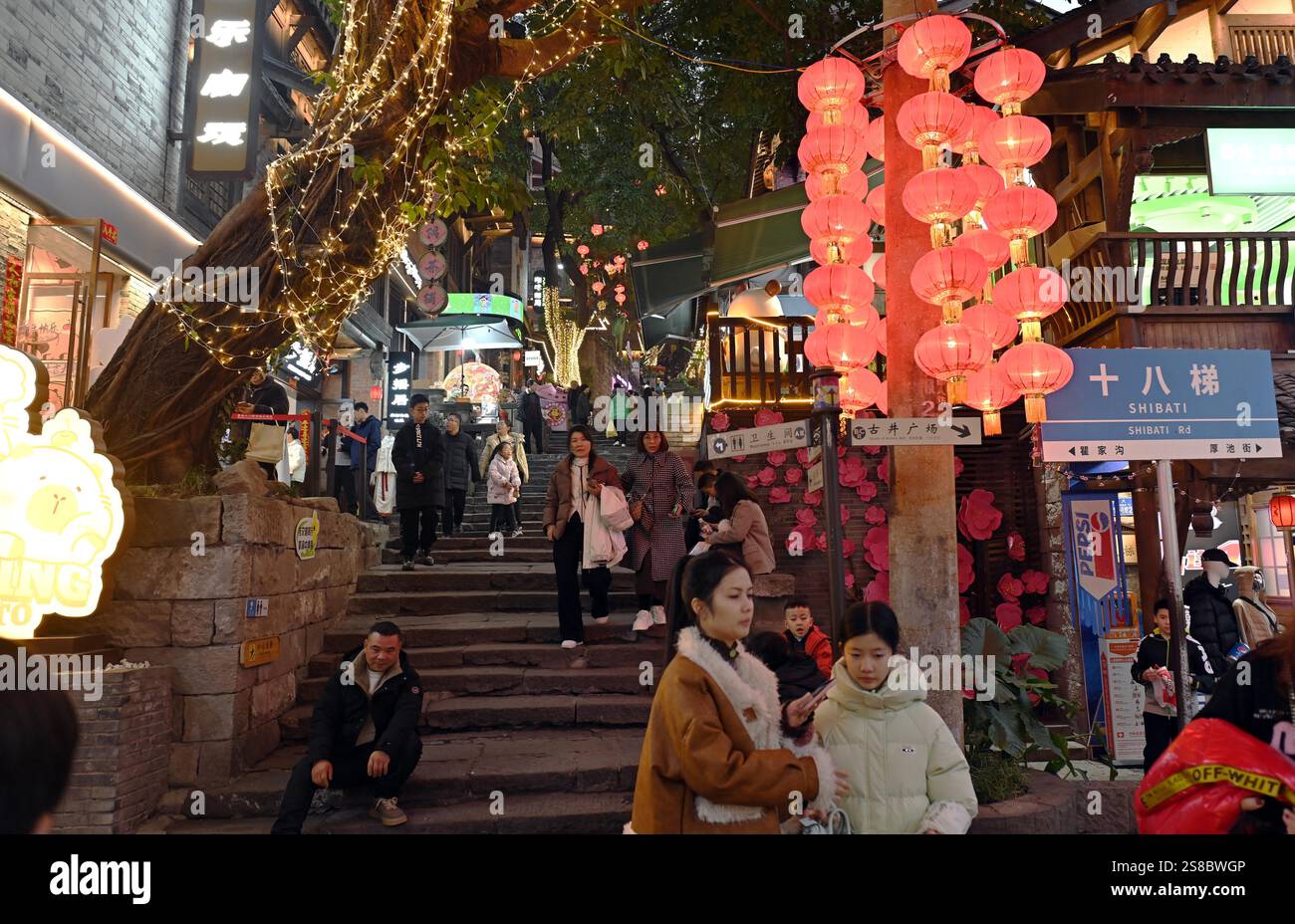 Tourists enjoy night view of Shibati scenic area in Chongqing, China ...