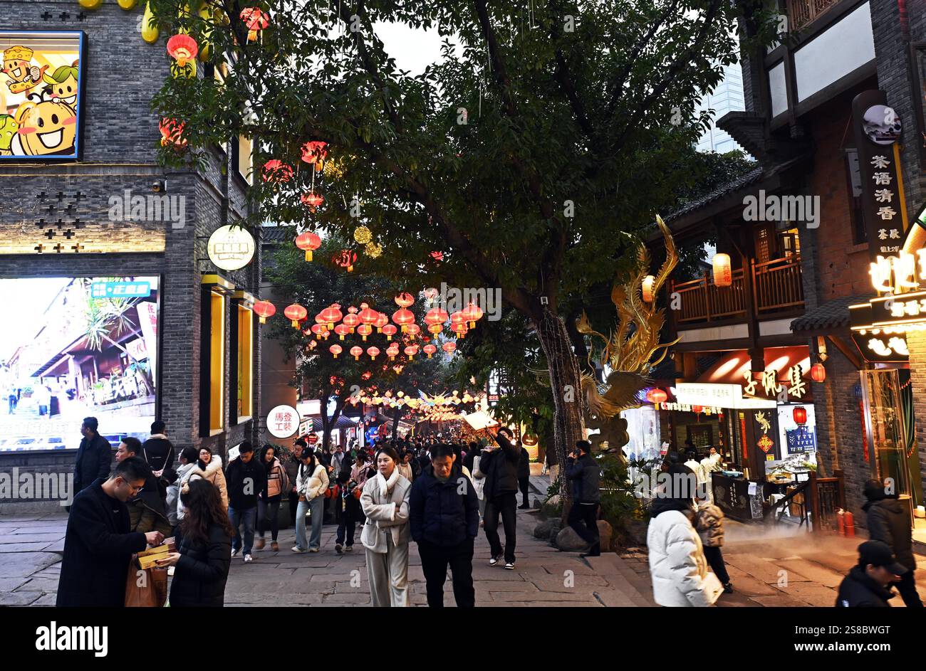 Tourists enjoy night view of Shibati scenic area in Chongqing, China ...