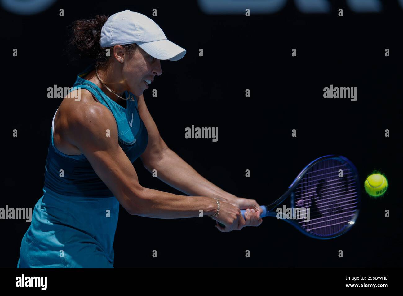 Melbourne, Australia. 22nd Jan, 2025. Madison Keys hits a return during ...