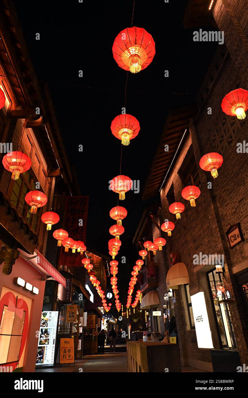 Tourists enjoy night view of Shibati scenic area in Chongqing, China ...
