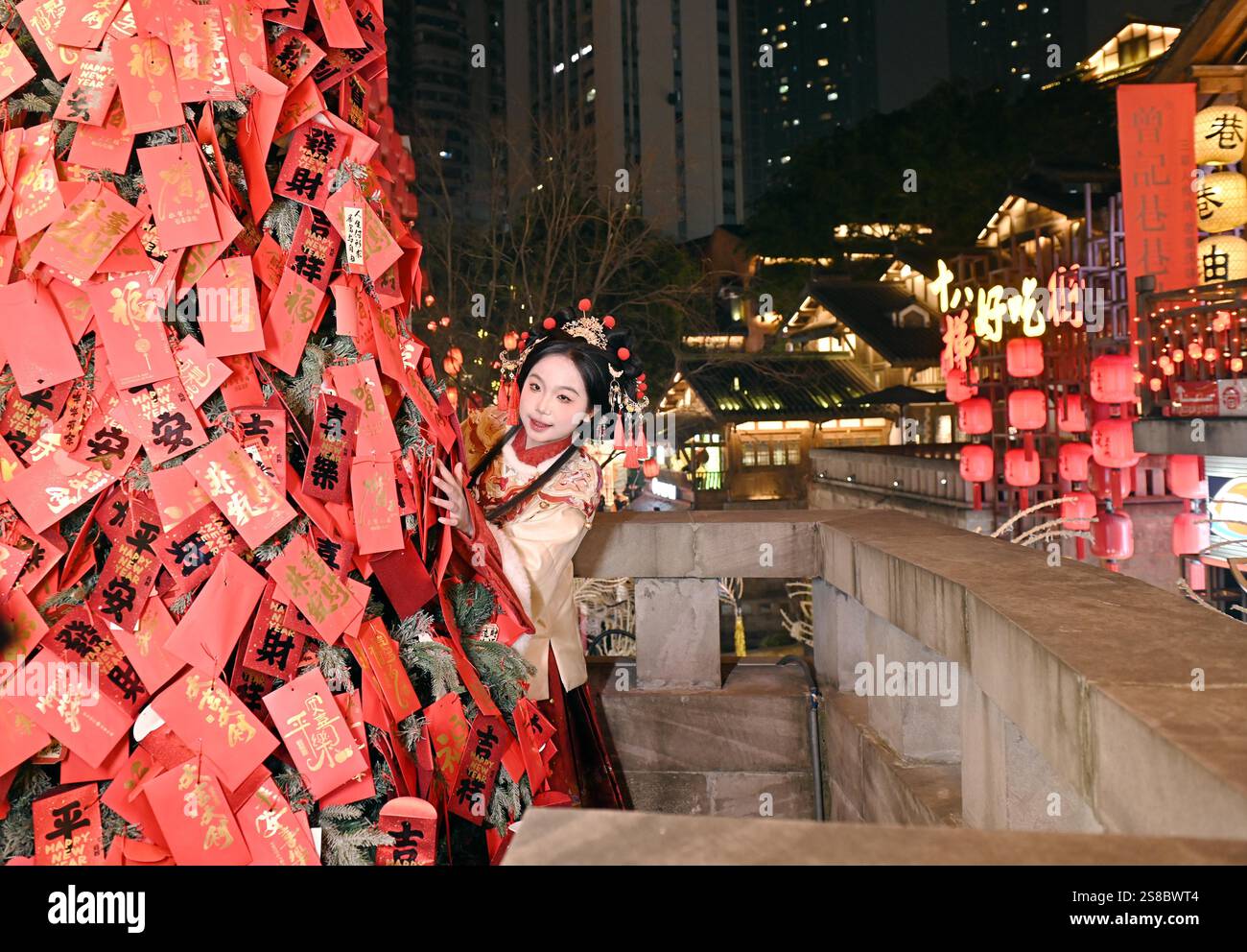 Tourists enjoy night view of Shibati scenic area in Chongqing, China ...