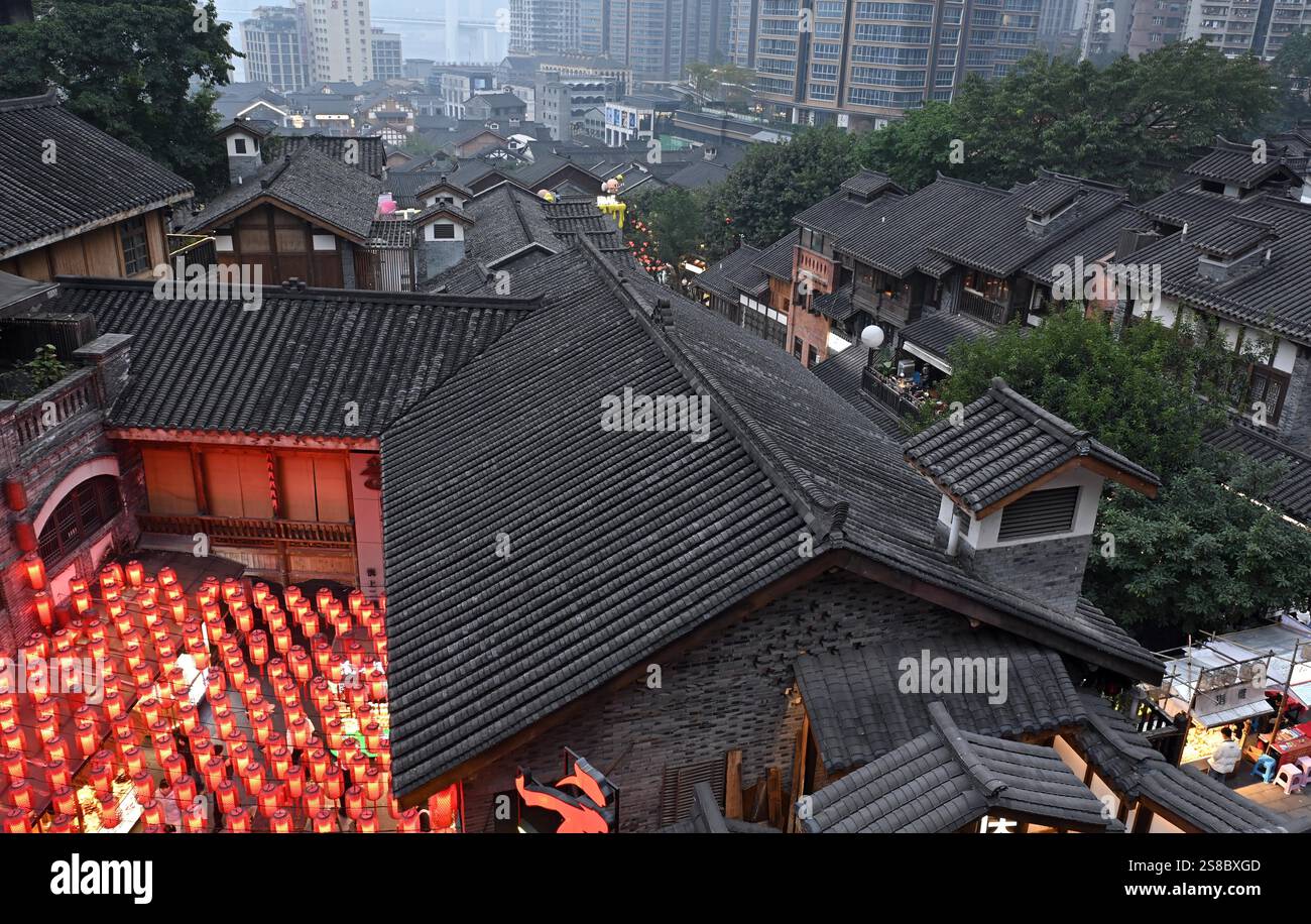 Tourists enjoy night view of Shibati scenic area in Chongqing, China ...