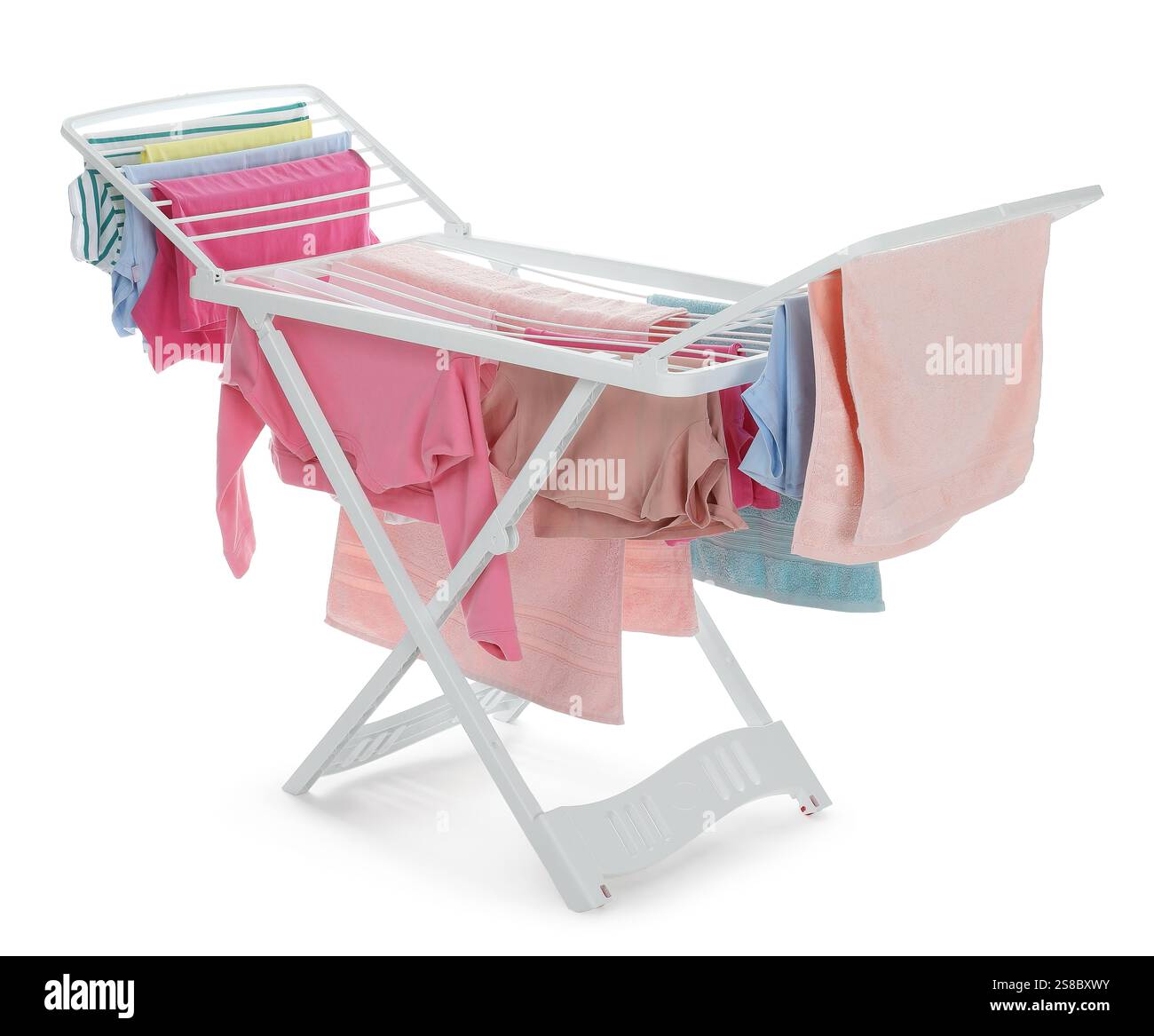 Drying rack with fresh clean laundry isolated on white Stock Photo - Alamy