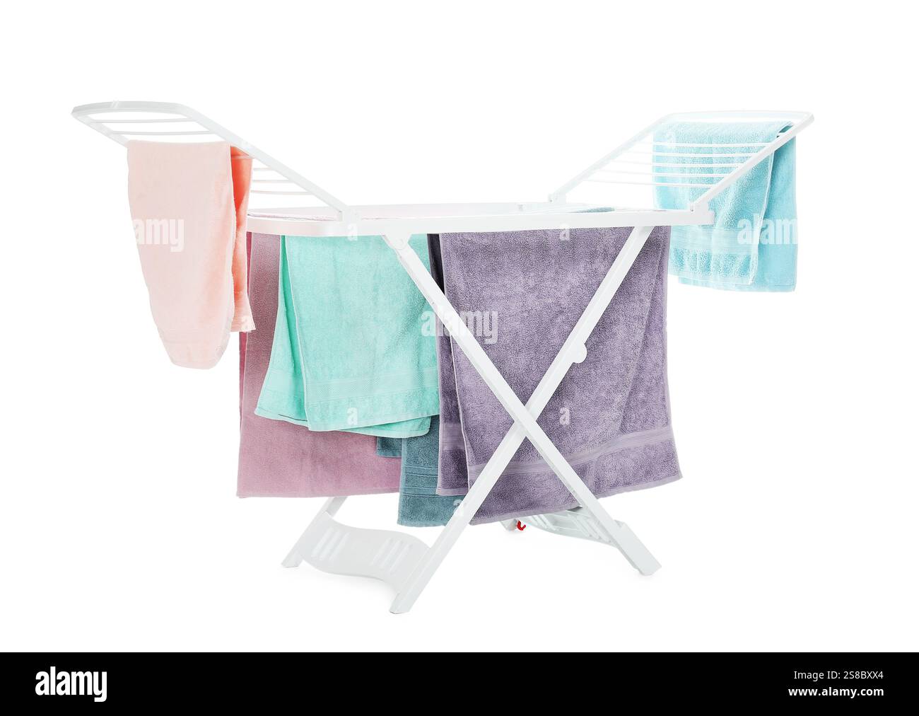 Drying rack with fresh clean laundry isolated on white Stock Photo - Alamy