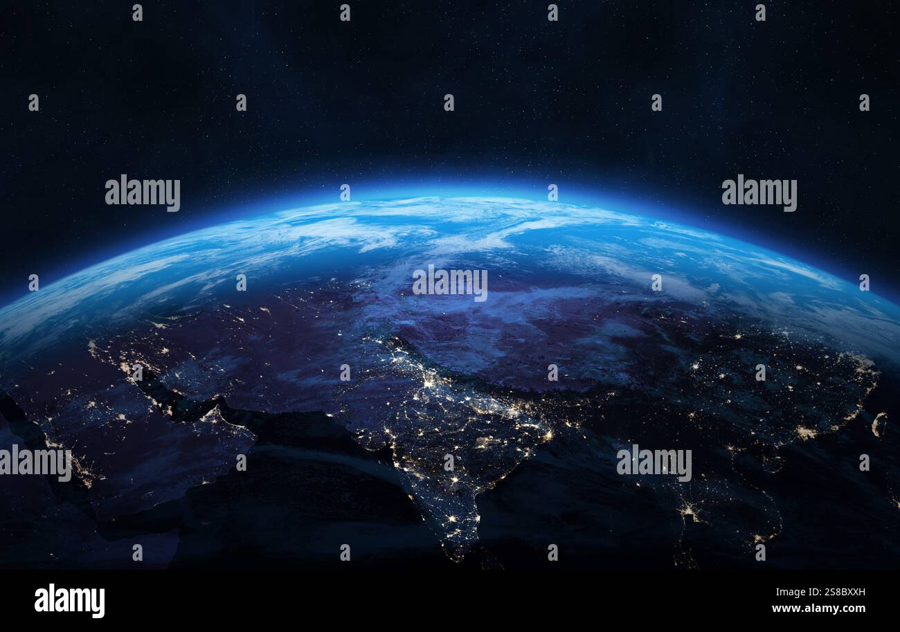Nightly Earth planet in outer space. Asia. Middle East, Near East ...