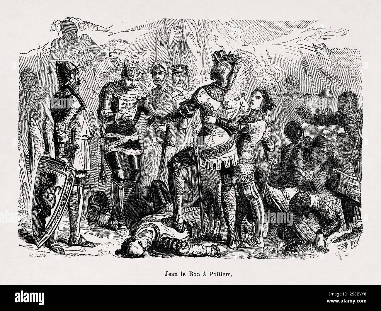 Engraving depicting John II of France and his son Philip at the Battle ...