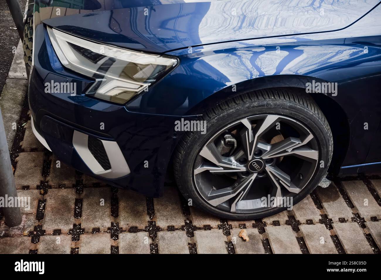 Cremona, Italy - January 15th 2025 Front right side of a navy blue Audi ...