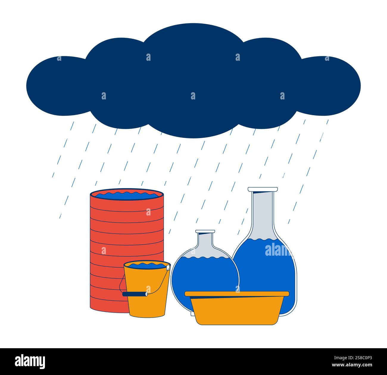 Rain falling from rainy cloud into various containers cartoon flat ...