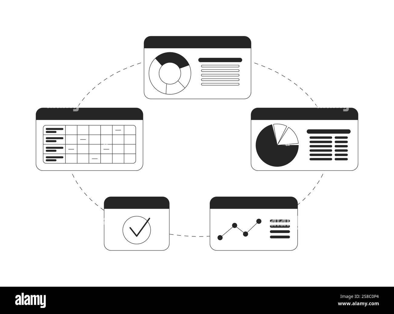 Interconnected circular business dashboard workflow black and white 2D ...