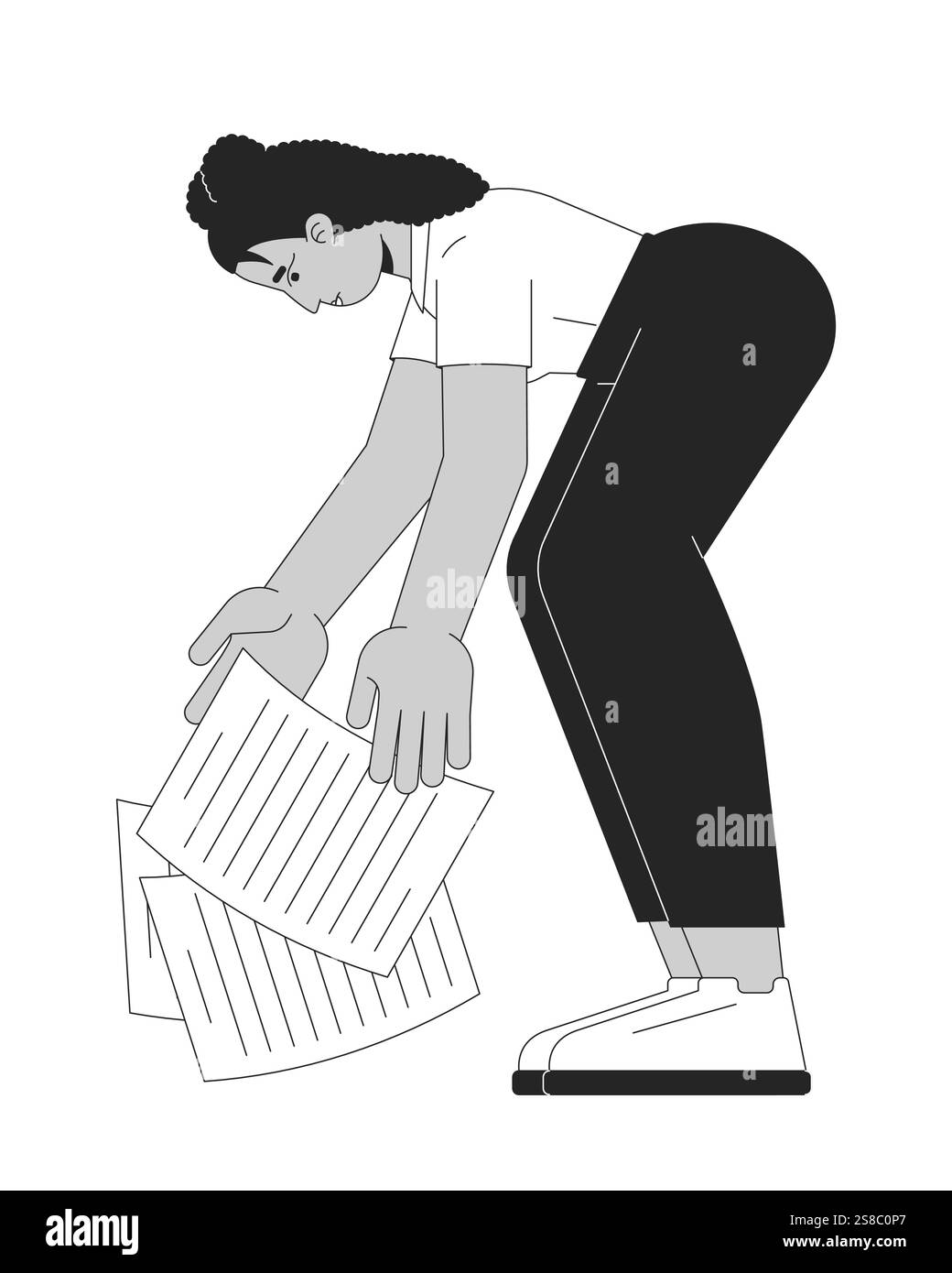Clumsy female hispanic employee dropping documents black and white 2D ...