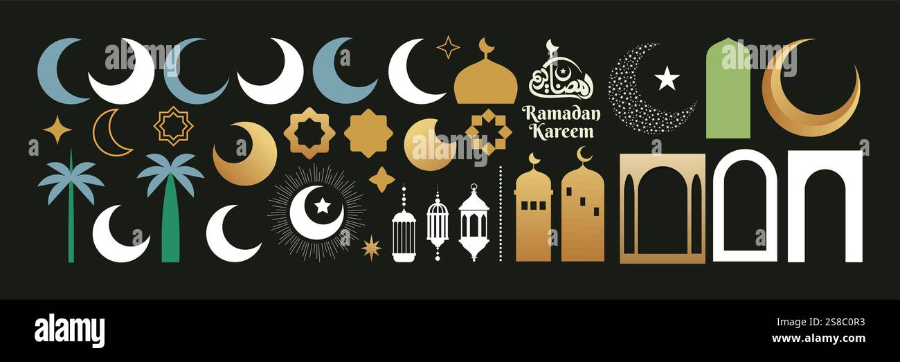 Ramadan Kareem vector elements collection, set of crescent moons, stars ...