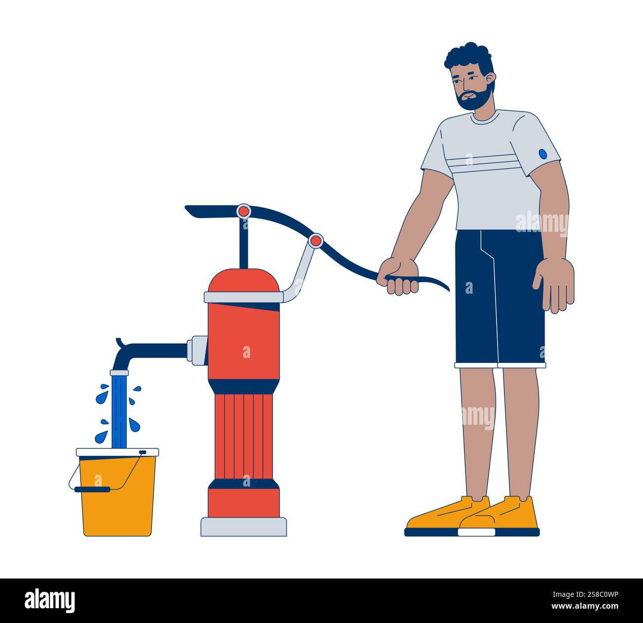 African american man operating hand water pump bucket 2D cartoon ...
