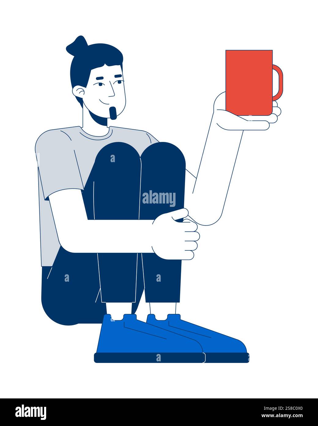 Sitting caucasian man holding red mug 2D cartoon character Stock Vector ...