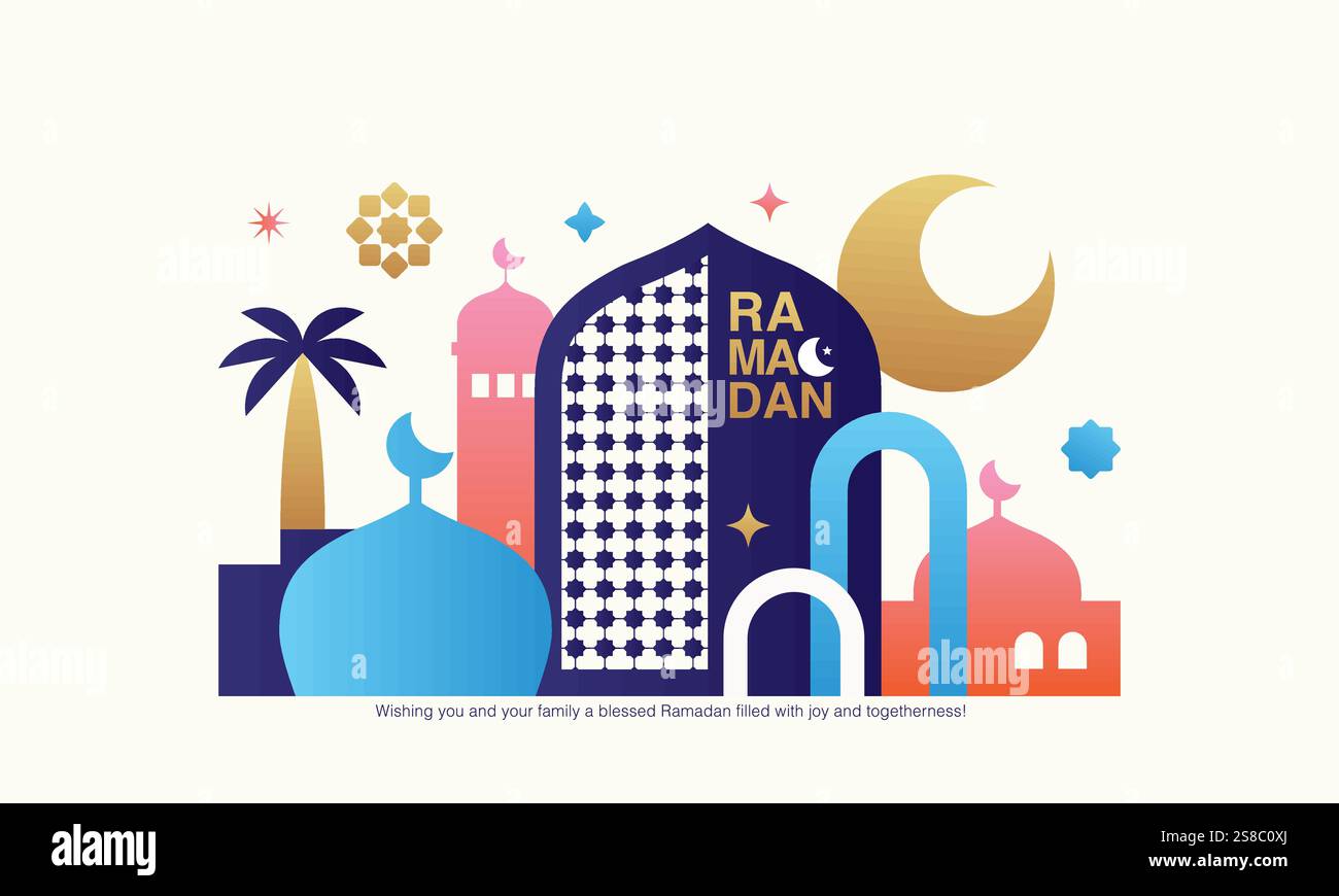 Ramadan Kareem minimal design with mosque, crescent moon, stars, and ...