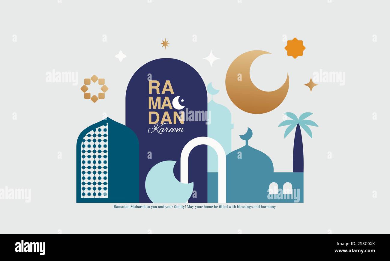 Ramadan Kareem minimal design with mosque, crescent moon, stars, and ...