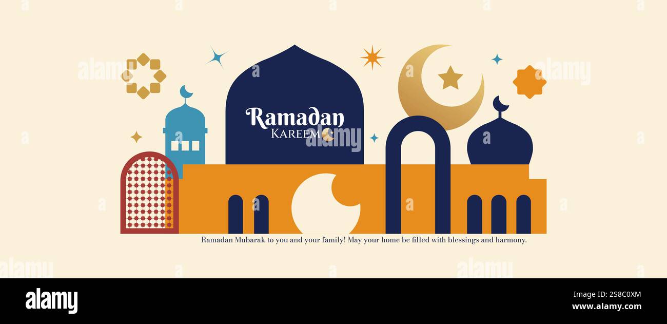 Ramadan Kareem minimal design with mosque, crescent moon, stars, and ...