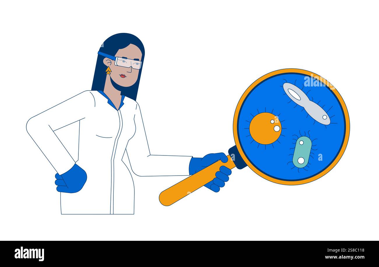 Female scientist examining microorganisms through magnifying glass 2D ...