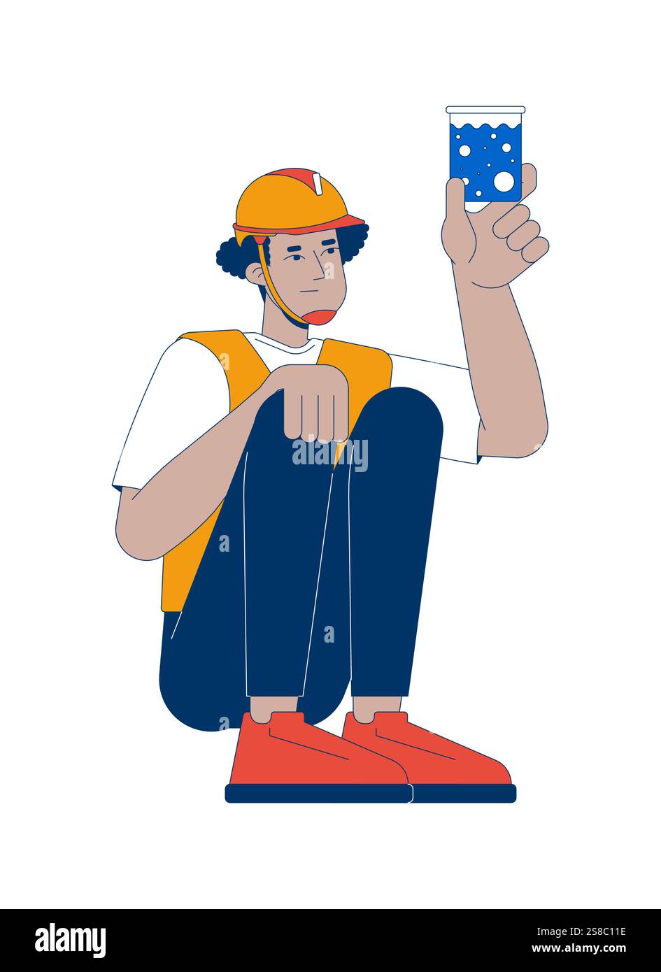 Hispanic male worker inspecting water sample in beaker 2D cartoon ...