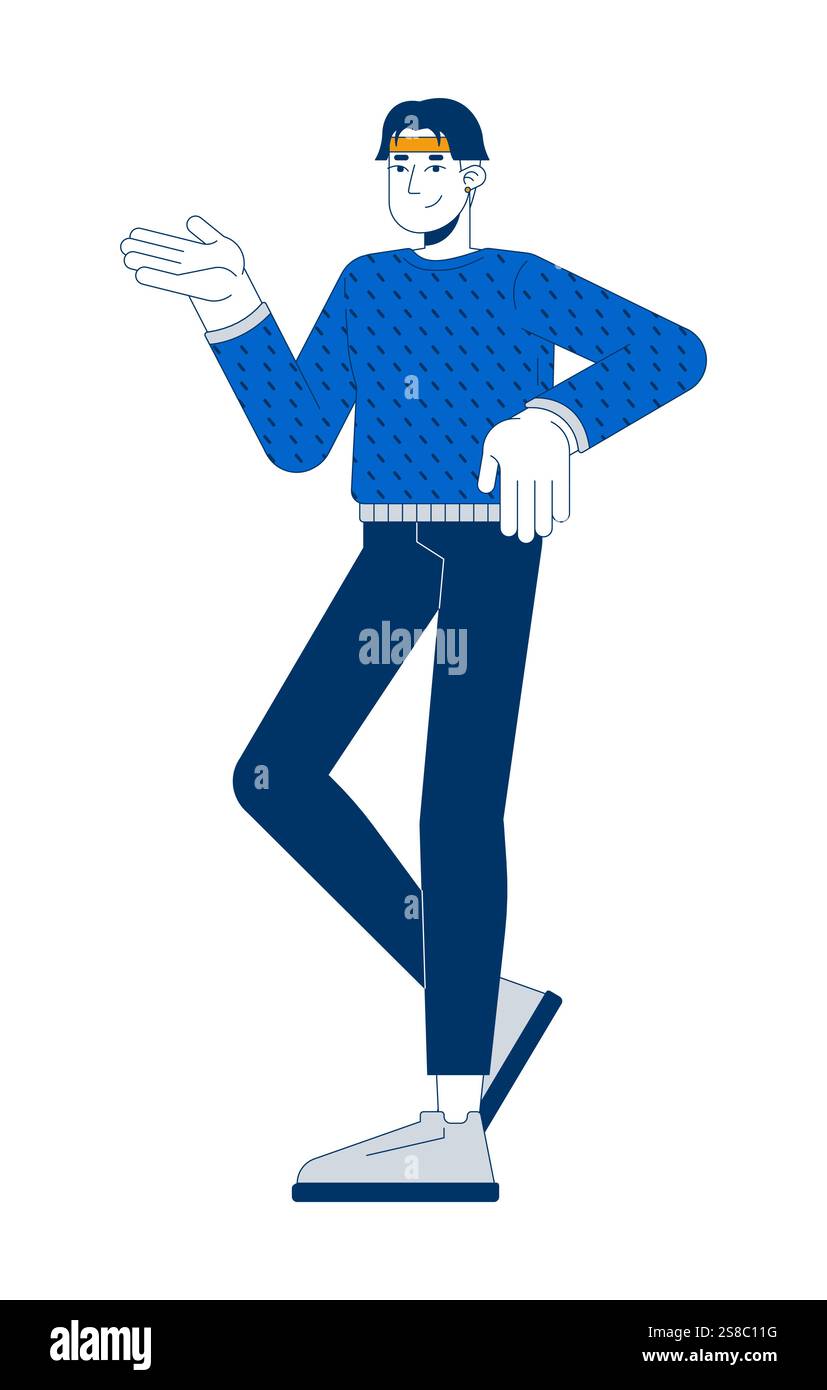 Casually dressed asian man in sweater gesturing in friendly pose 2D ...