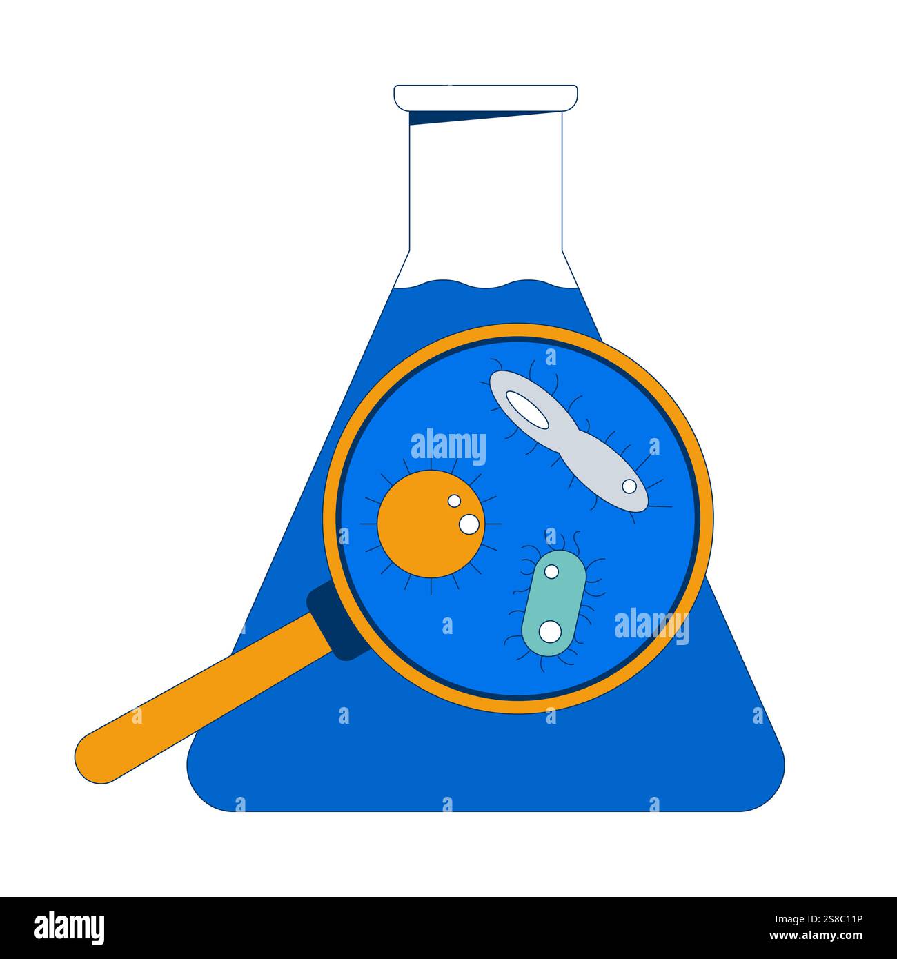 Magnified microorganisms in flask with water 2D cartoon object Stock ...
