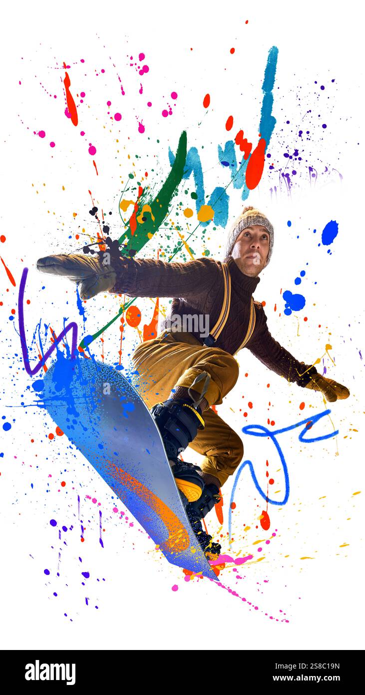 Conceptual art collage. Snowboarder performing trick, dressed vintage ...