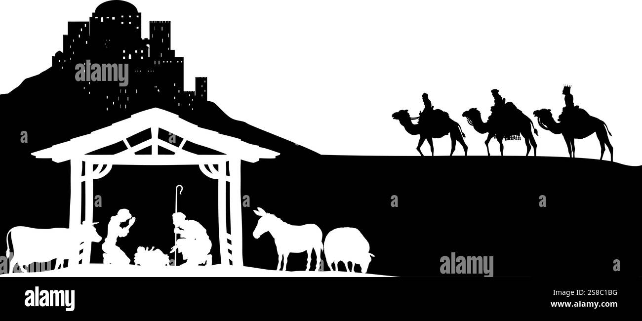 Christmas Nativity Scene Bethlehem Manger Wise Men Stock Vector Image ...