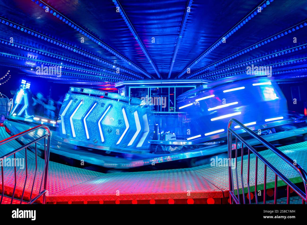 carnival show funfair ride, Bundaberg, night bright neon lights, techno futuristic leisure fun ...