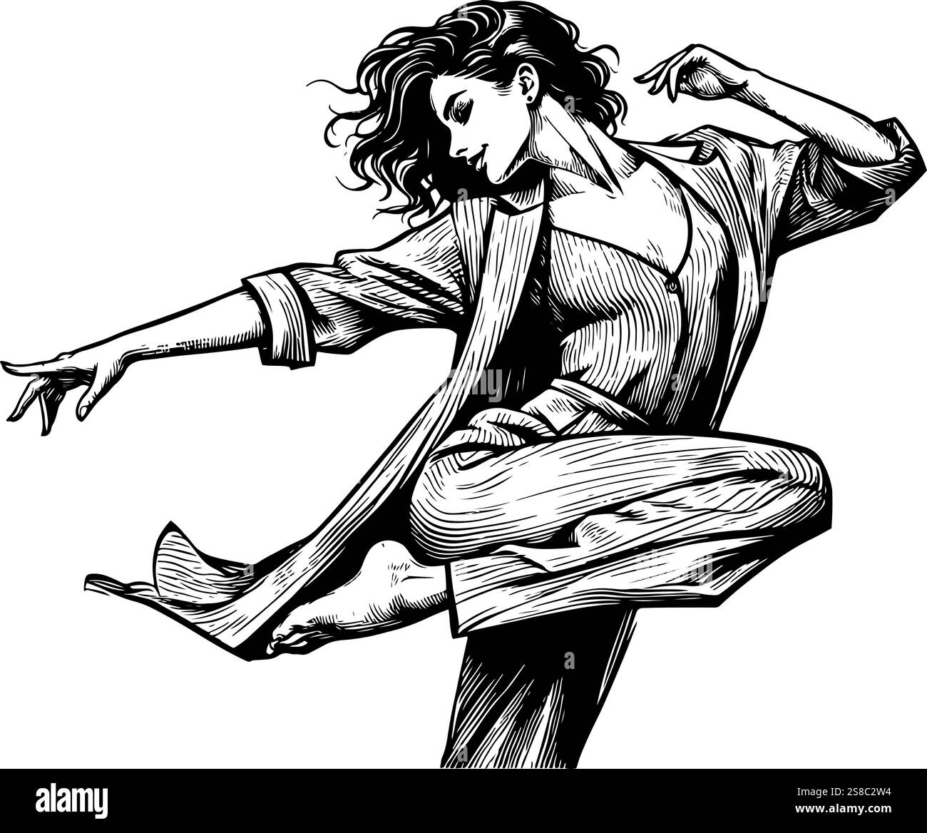 A black and white illustration of a dancing woman in a dynamic ...