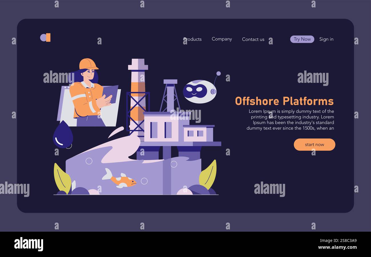 Oil and Gas Industry concept. An engineer oversees operations on an offshore drilling platform ...