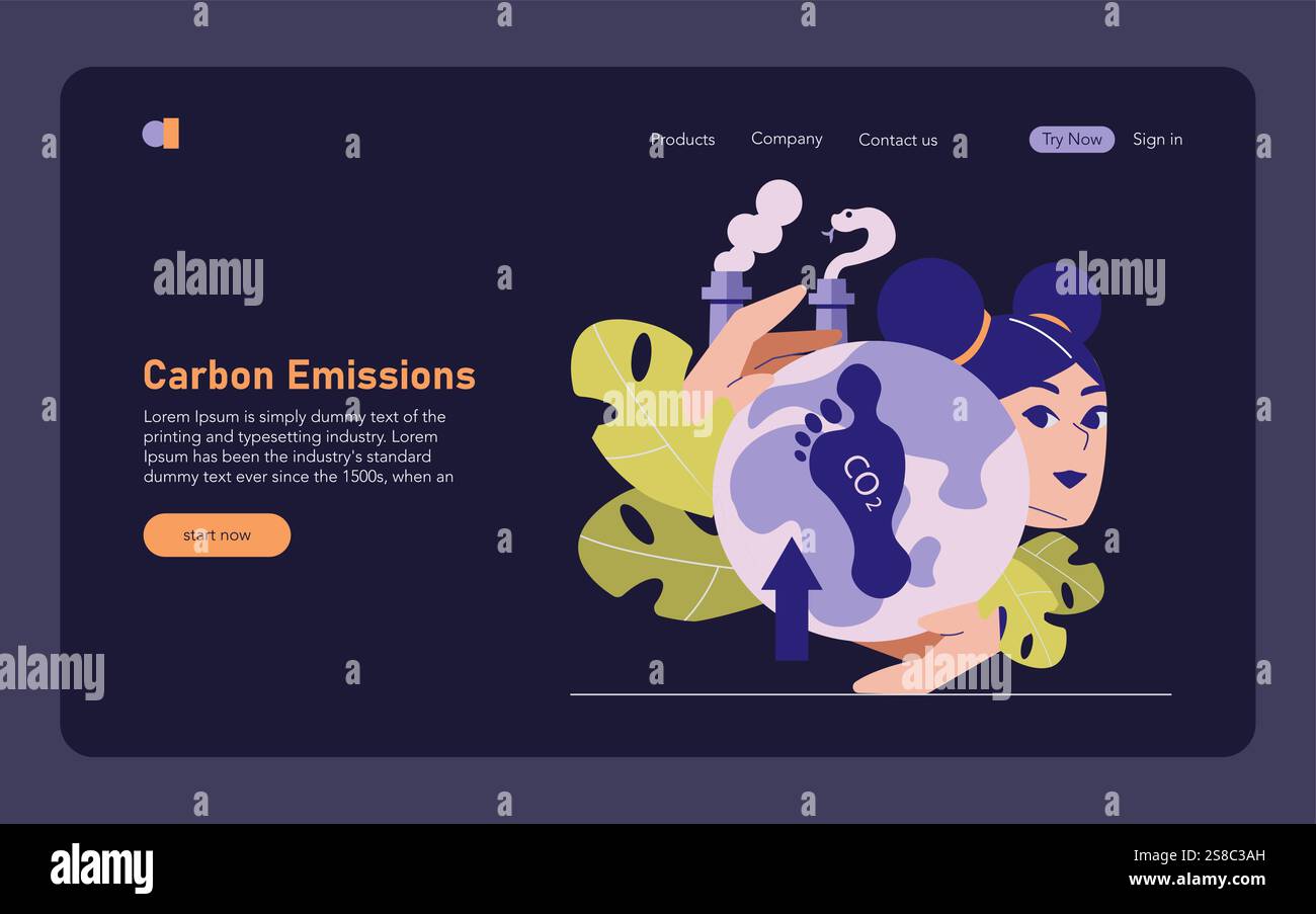 Carbon Emissions concept. Illustration of industrial impact on climate ...